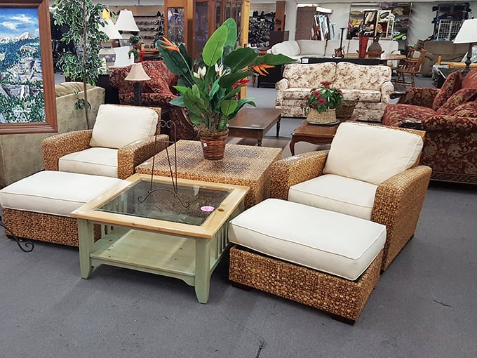 Living room goals achieved for a fraction of retail prices. This wicker seating arrangement with glass coffee table could transform your space without transforming your bank account.