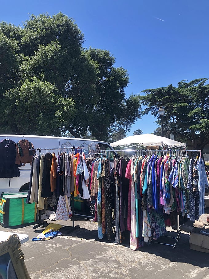 Vintage clothing racks burst with color under California's blue skies. That perfect 70s sundress is waiting for its second act in your closet.
