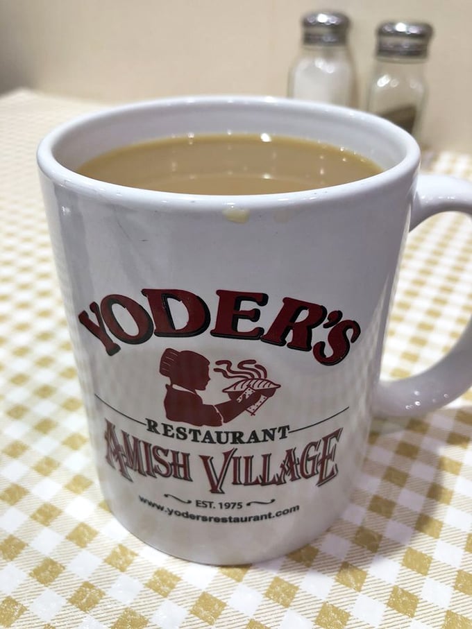 The official chalice of Yoder's contains liquid motivation. This coffee mug has probably heard more morning confessions than most therapists.