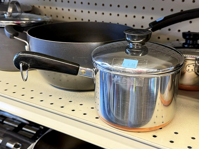 Quality cookware waits patiently to transform ordinary ingredients into extraordinary meals at thrift store prices.
