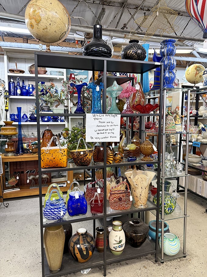 Glassware that catches light like captured rainbows—each shelf a carefully curated museum where "Do Not Touch" is merely a suggestion.