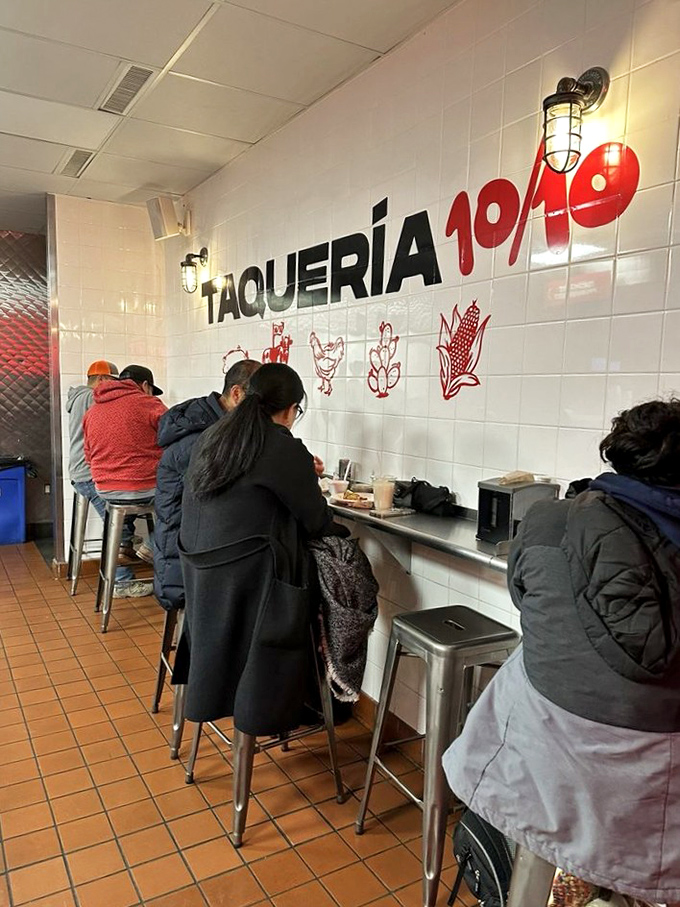 Diners hunched over their meals in silent appreciation—the international body language for "too busy enjoying food to make small talk."