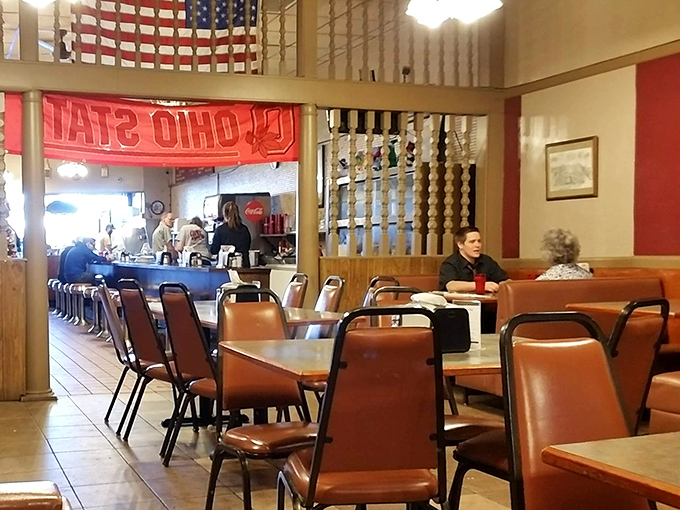 Where regulars become family and newcomers are welcomed into the fold. The Ohio State banner reminds you exactly which team this diner roots for on Saturdays.