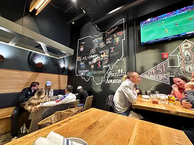 The "Locally Sourced" wall map of Ohio isn't just decoration—it's a conversation starter that's launched a thousand road trips between bites.