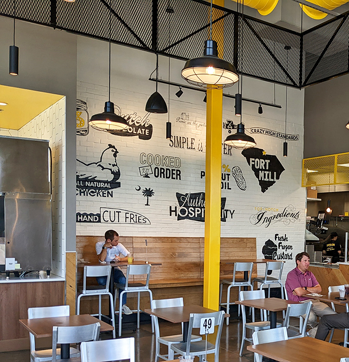 The writing's on the wall—literally. Super Chix's interior showcases their philosophy in bold graphics that celebrate their commitment to quality ingredients.