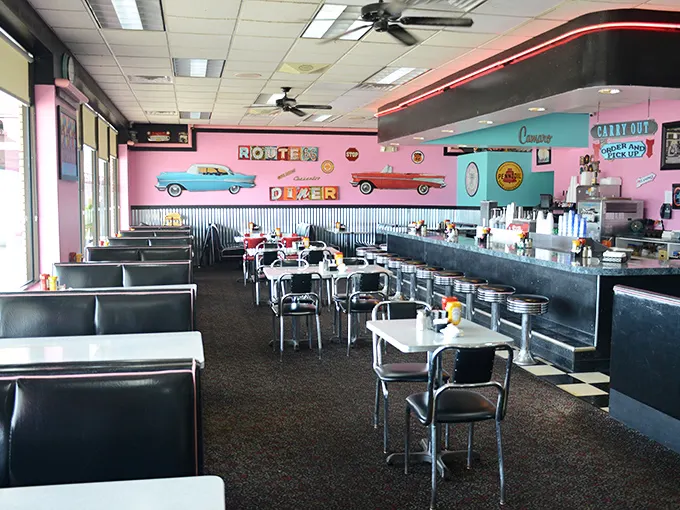 The classic diner layout—where strangers become friends over coffee and everyone leaves with a full stomach and a story to tell.
