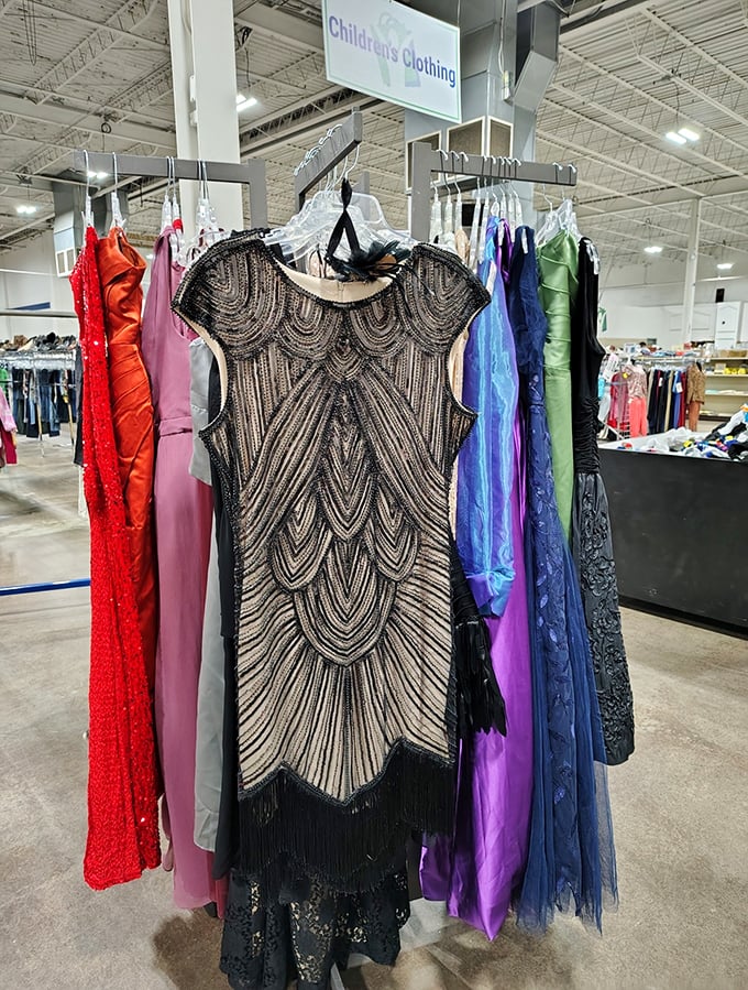 Gatsby would approve of this beaded flapper dress. Hanging between prom gowns and evening wear, it's waiting for its next roaring twenties revival party.