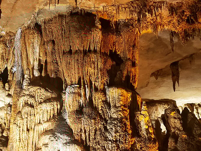 Nature's version of Gothic architecture! These dramatic formations hang like petrified waterfalls, creating an underground cathedral millions of years in the making.
