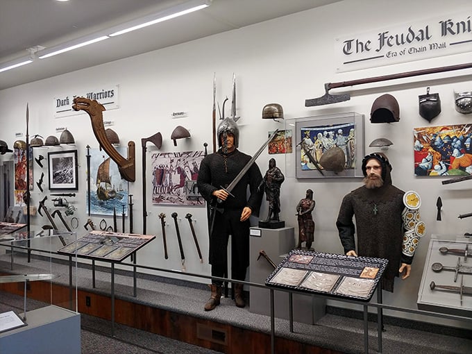 Medieval fashion statement: chainmail and weapons for those days when you needed both protection and respect in the feudal neighborhood.