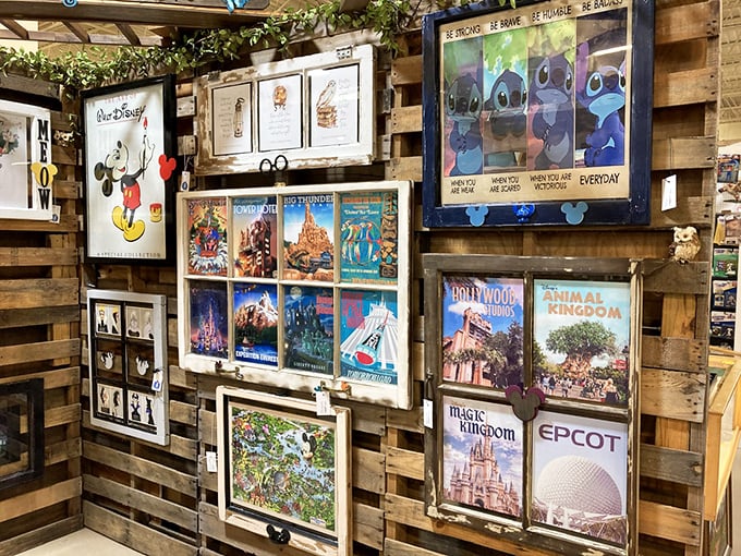 Disney vacation memories preserved behind glass, because nothing says "Florida" quite like theme park nostalgia on your wall.