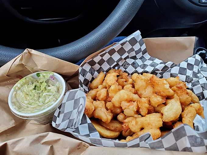 Golden treasures from the sea! These perfectly battered morsels of seafood goodness come with coleslaw that's worth eating—a coastal miracle in itself.