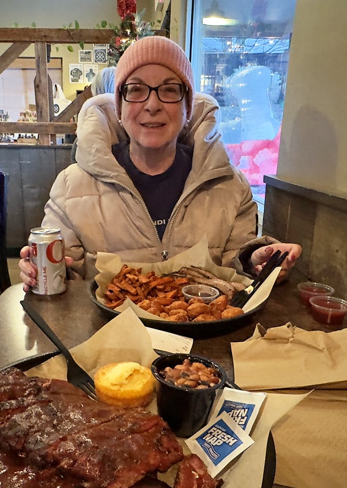 The look of pure contentment says it all—this spread isn't just a meal, it's an event worth bundling up and venturing out for.