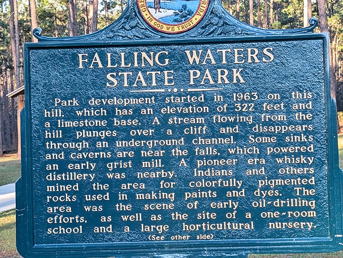 History carved in blue—this marker tells tales of whiskey distillers, indigenous painters, and pioneer oil drillers who called these hills home long before us.