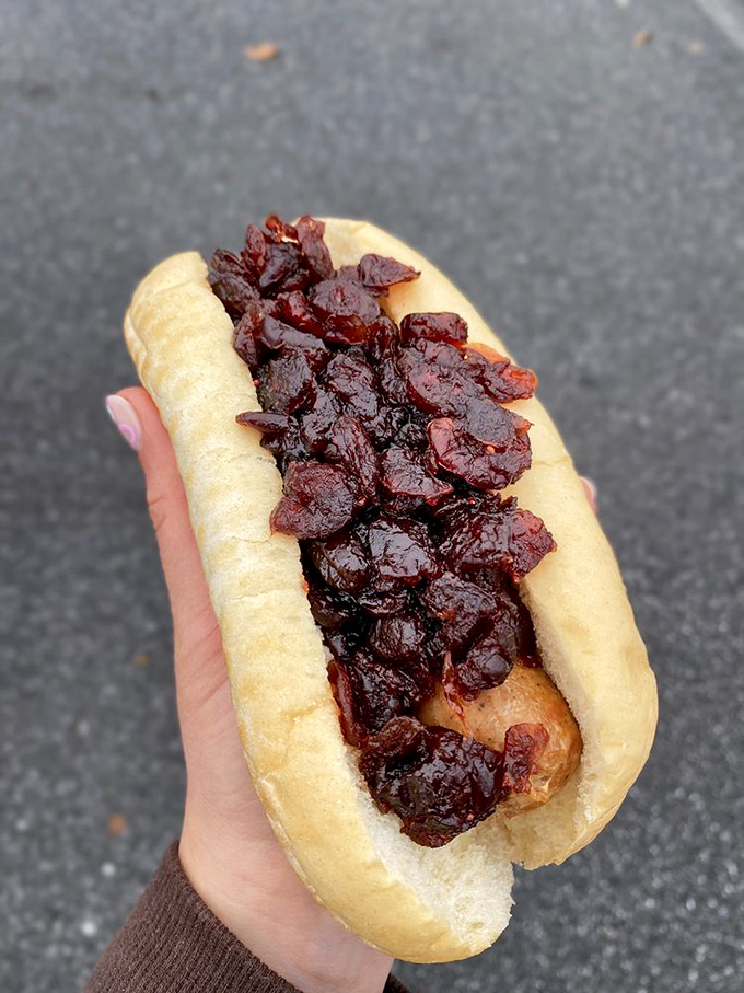 A hot dog that's been properly dressed for the occasion. That cranberry topping isn't just unusual—it's a bold fashion statement in the world of tube steaks.
