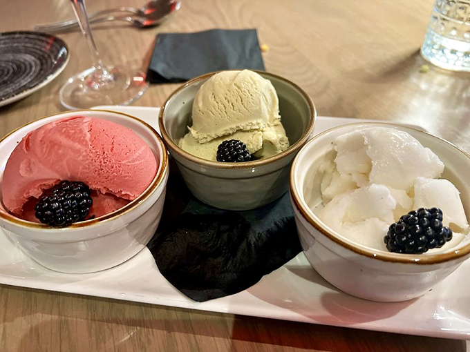 A trio of house-made ice creams, each crowned with a blackberry. It's like The Supremes of desserts—three distinct voices creating perfect harmony.
