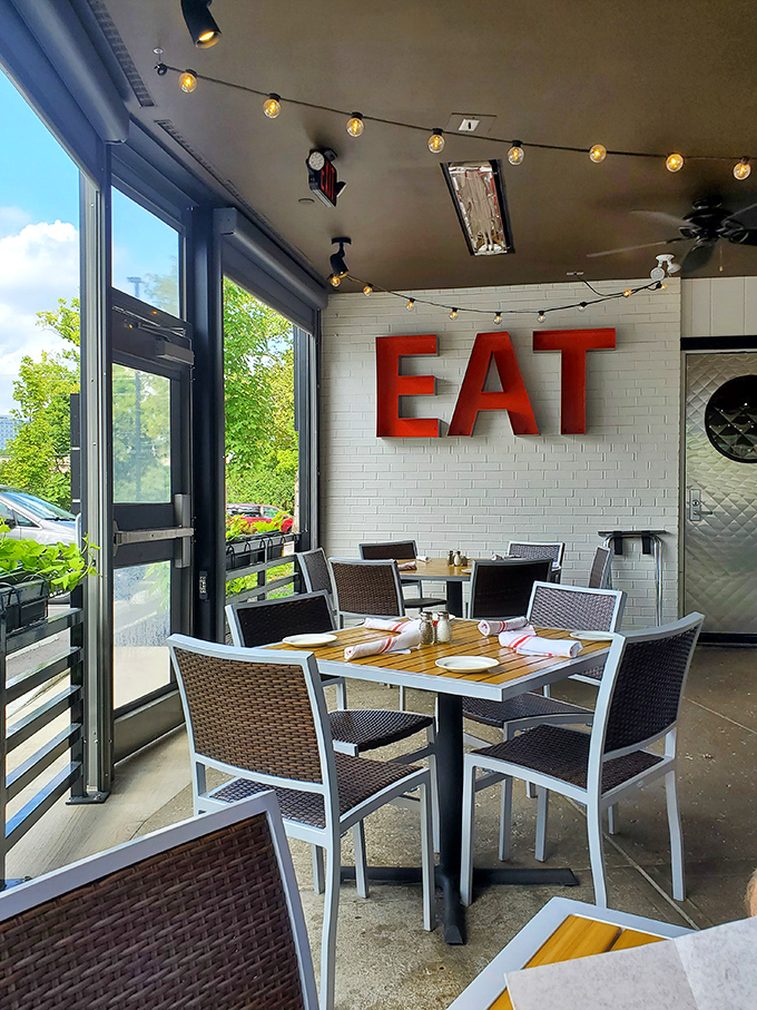 The "EAT" sign isn't just a suggestion—it's the best advice you'll get all day. Follow it religiously at this Columbus shrine to comfort.