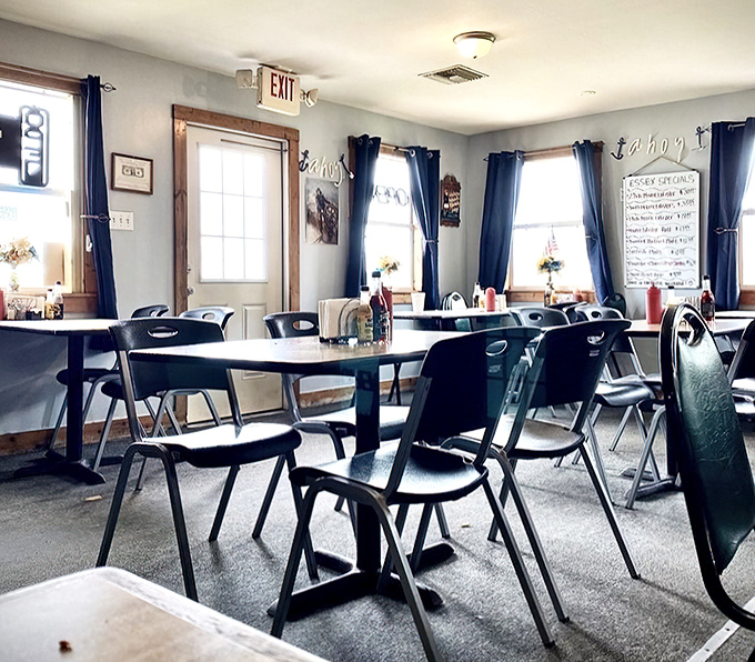 Blue curtains, simple tables, nautical decor—Essex Seafood House is the definition of unpretentious dining at its finest.