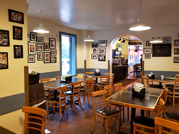 Where sandwich dreams come true – walls adorned with memories and tables ready for your next epic food adventure.