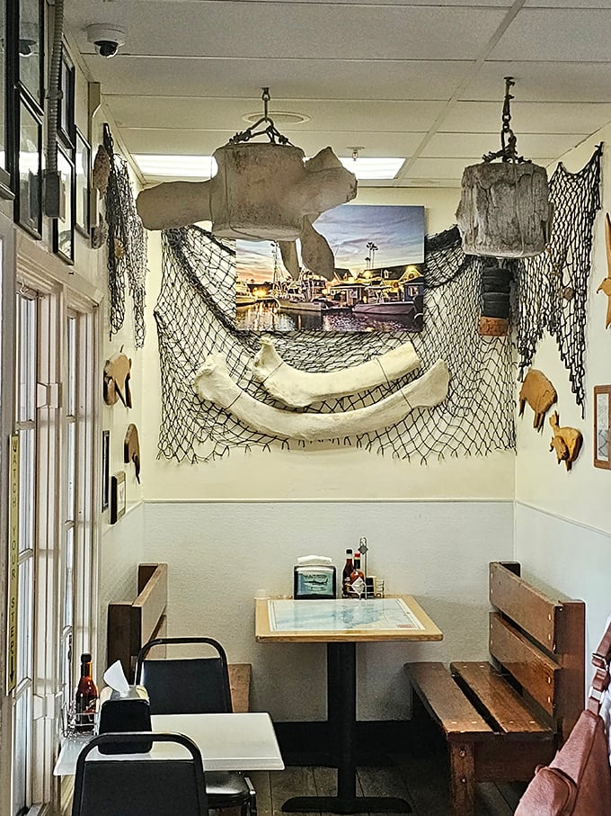 Fishing nets and maritime artifacts create the perfect nook for intimate conversations over bowls of that famous chowder.