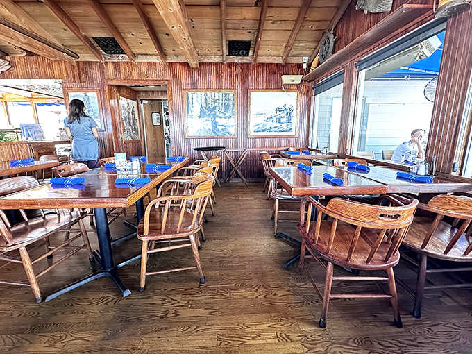 The dining room feels like your seafaring uncle's cabin—if your uncle happened to have impeccable taste and prime oceanfront real estate.