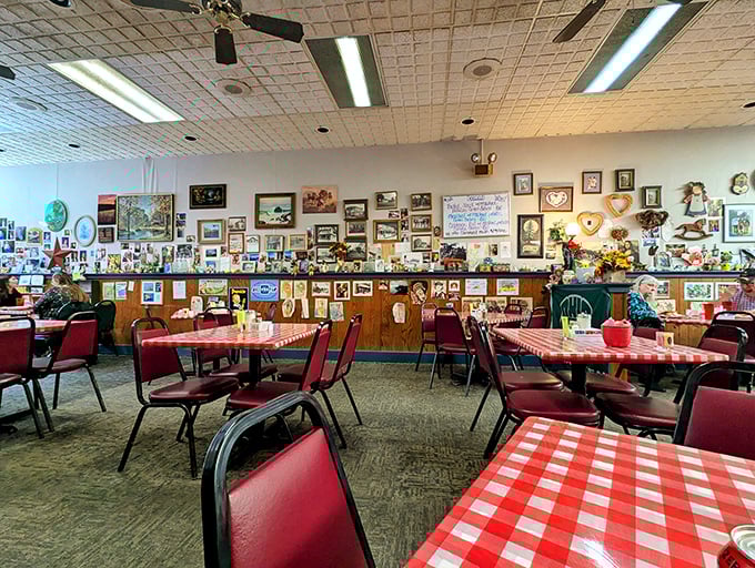 Every inch of wall space tells a story in this diner where memorabilia isn't curated—it's accumulated through decades of community connections.