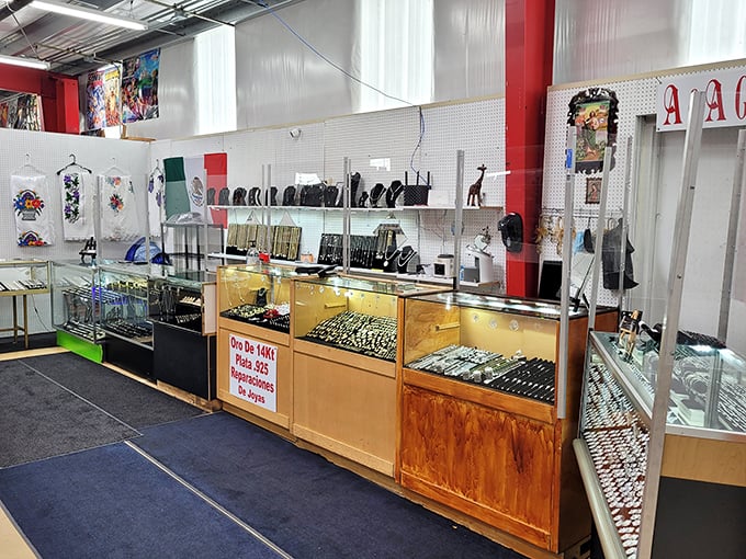 Jewelry cases gleaming with possibility—each glass cabinet a museum of personal expression waiting to adorn someone's wrist, neck, or ears.