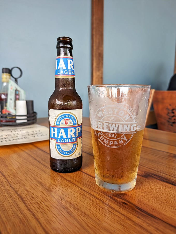 A perfectly poured Harp Lager in a Weston Brewing Company glass – liquid gold that tastes even better when sipped in a 175-year-old cave.
