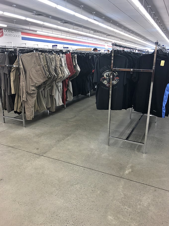 The men's department offers everything from casual wear to interview-ready blazers, all meticulously organized by type and size for efficient treasure hunting.