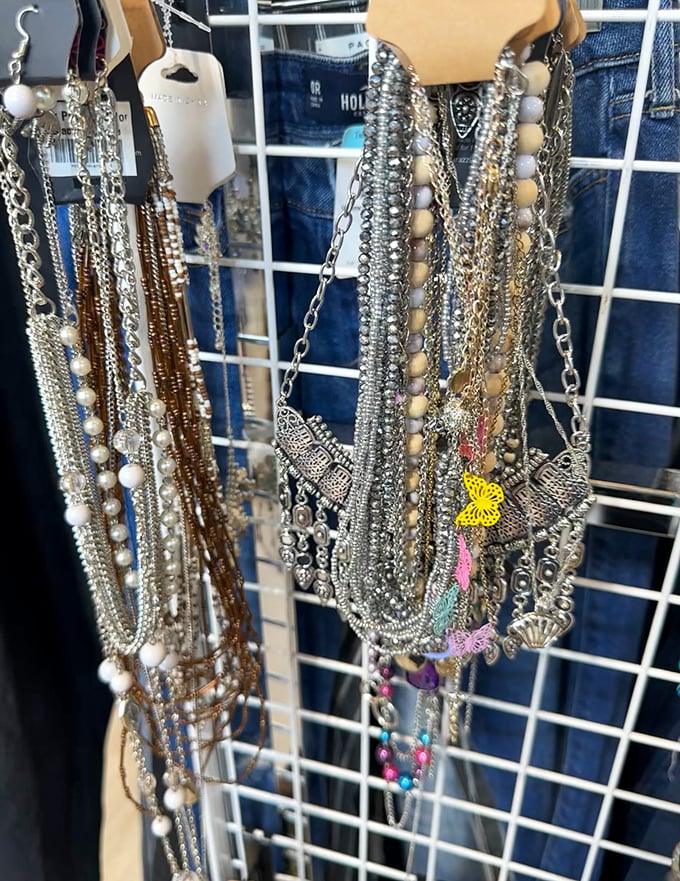 Necklaces cascade in shimmering waterfalls of silver and beads—perfect for those who believe too much sparkle is never enough.