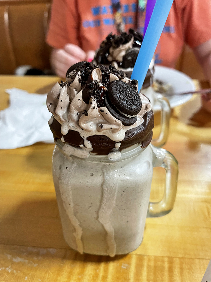 This isn't just a milkshake—it's dessert architecture that demands respect and Instagram posts. The Oreo crown makes it breakfast royalty.