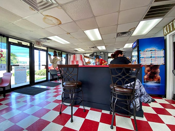 The classic red and white checkerboard floor says "we've been doing this right for generations." No argument here.