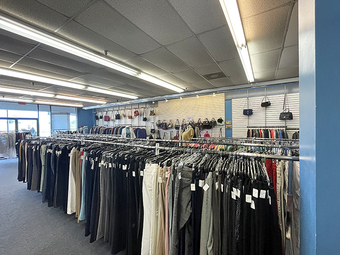 The pants section stands at attention like soldiers ready for duty—organized by size so you won't waste precious hunting time.