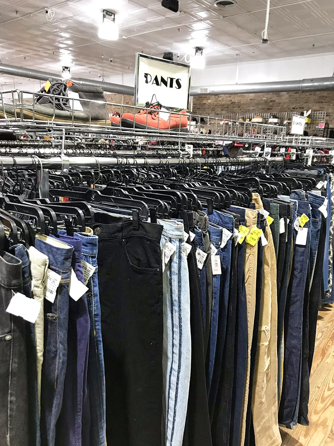 The denim section alone justifies the trip—a sea of blues where vintage Levi's mingle with contemporary brands in perfect harmony.