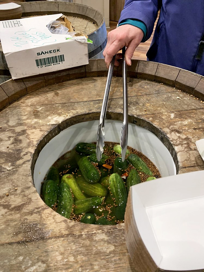 The pickle barrel—where cucumbers go to fulfill their destiny. That satisfying crunch is the sound of happiness itself.