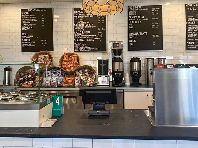 Clean white subway tile and organized efficiency—but it's the menu boards that hold the real treasures in this no-nonsense establishment.