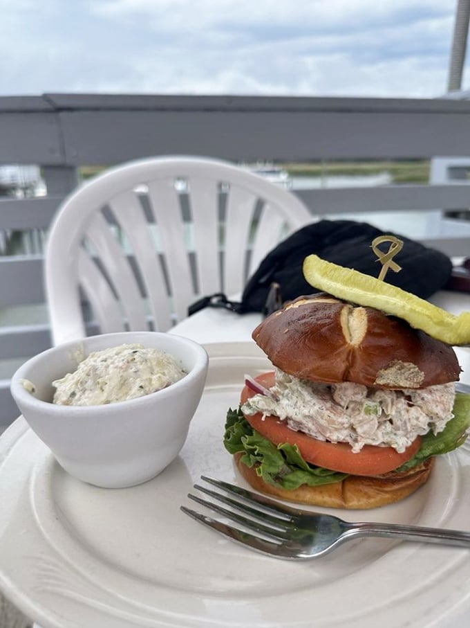 A sandwich with ocean views inside and out. This shrimp salad on a pretzel roll is what mermaids would pack for lunch.