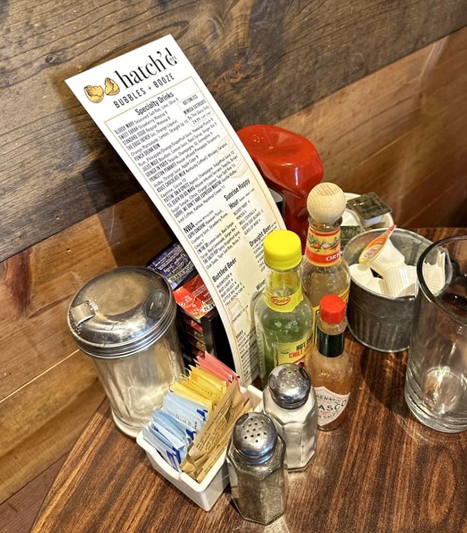 The condiment station – where hot sauce dreams and salt and pepper schemes come together to elevate your breakfast game.