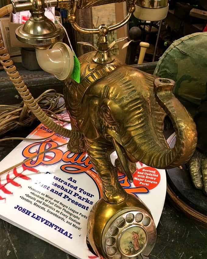 That brass elephant telephone isn't just vintage communication equipment—it's conversation-starting decor that trumpets its presence in any room. 