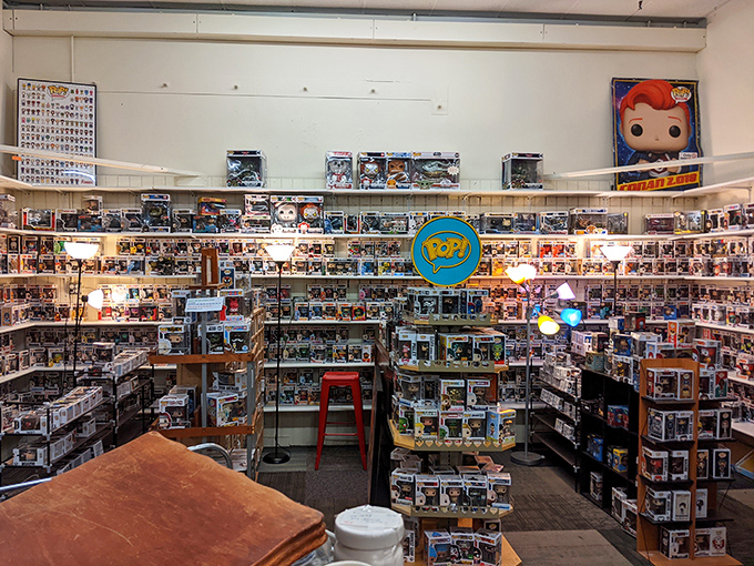 A collector's paradise of Funko Pops and modern collectibles. Even in an antique store, pop culture finds its place among the treasures of yesteryear.