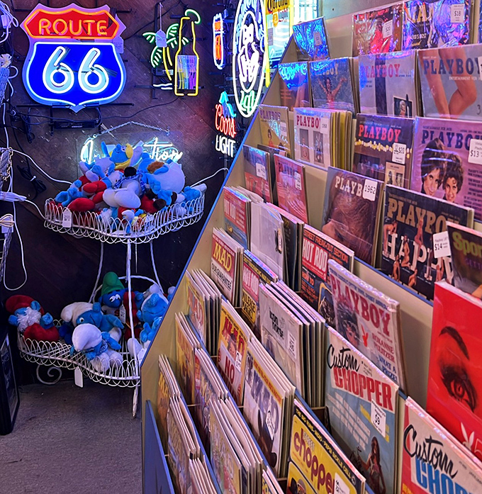 Route 66 signs and vintage magazines—the ultimate man cave starter kit. Those Playboys? Strictly purchased for the literary interviews, of course.