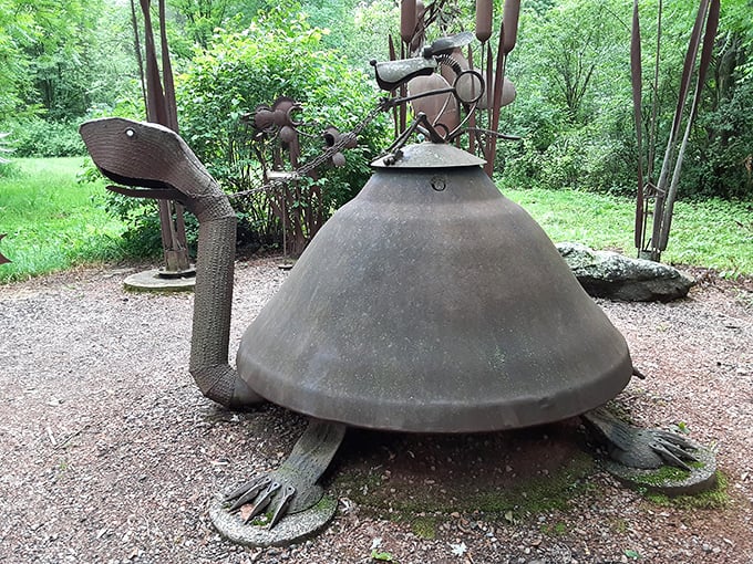 Half UFO, half reptile, this magnificent metal turtle creation proves that slow and steady also wins the creativity race at Jurustic Park.