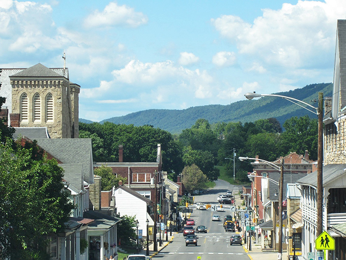 Bellefonte's historic buildings create a colorful palette against the blue sky. That stone structure has weathered centuries of changing times!