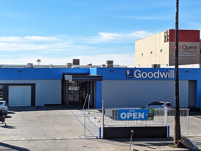 Goodwill's bright blue facade on Sunset Boulevard stands out like a beacon for bargain hunters in the heart of LA.