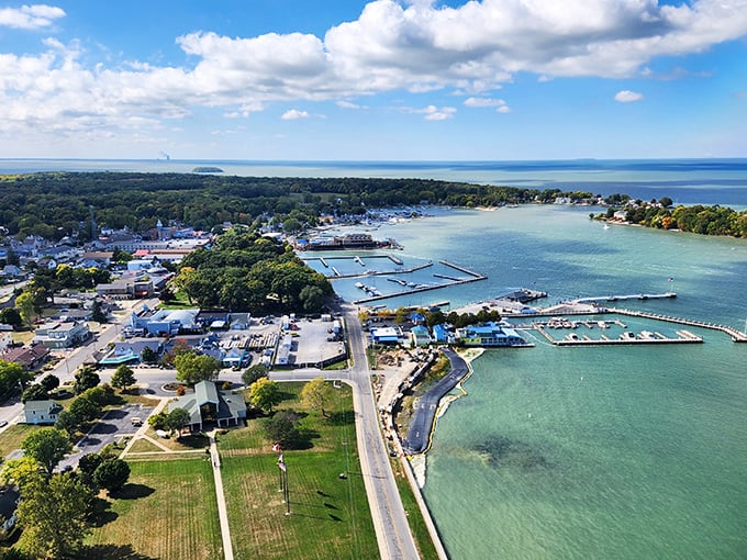 Put-in-Bay: A bird's-eye view reveals Put-in-Bay's perfect harbor, where Lake Erie creates Ohio's island paradise. No passport required!