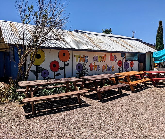 "This must be the place" indeed – Sonoita's quirky outdoor dining area invites travelers to rest in the shade.