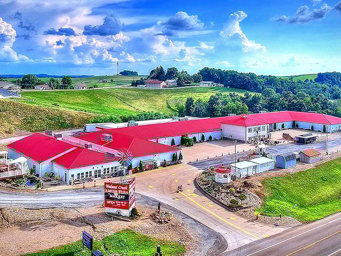 Amish country elegance meets flea market fun - those red buildings pop like Pennsylvania Dutch hex signs.