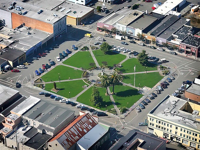 The heart of Arcata features a green plaza surrounded by historic buildings, like a town designed by people who actually like each other.