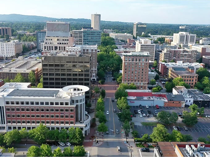 Greenville's downtown grid reveals a walkable city where tree-lined streets connect historic buildings with modern amenities—no GPS required for human-scale exploration.