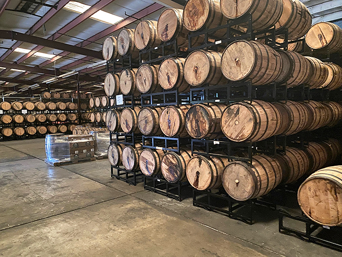Bourbon barrels stand in silent rows, aging Georgia spirits while teaching the virtue of patience—a retirement lesson worth savoring.