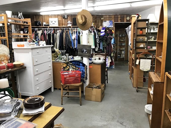 The clothing corner—where vintage fashion meets practical Oregon coast wear, and that straw hat is just waiting for its beach day debut.